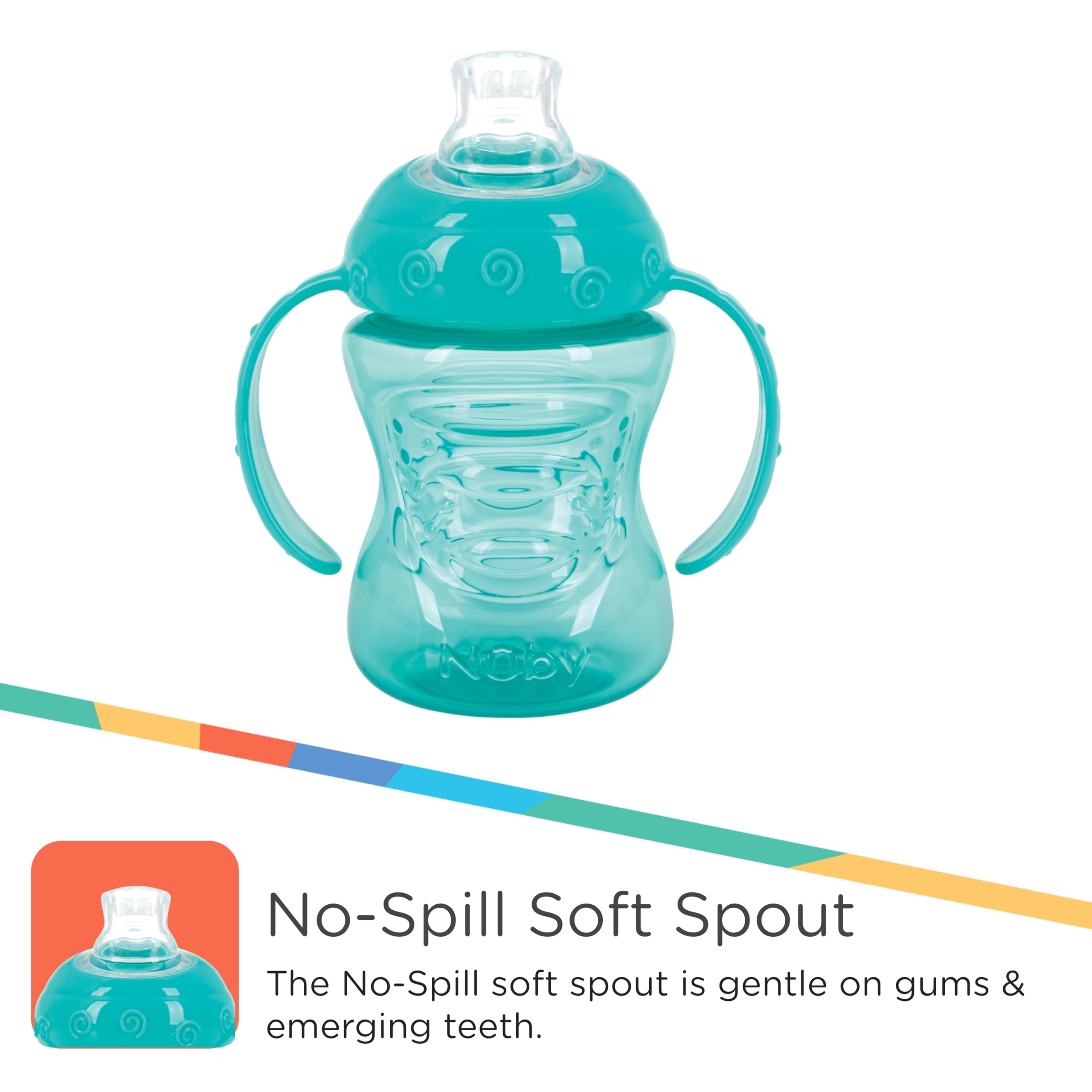 Nuby 3 Pack Two Handle No Spill Toddler Sippy Cups - Toddler Cups Spill Proof with Easy and Firm Grip - BPA Free Toddlers Cups - Aqua, Blue, Green