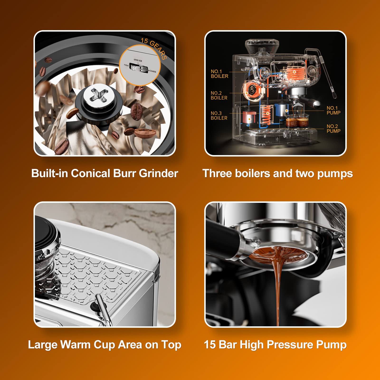 Mcilpoog TC530 Espresso Machine with Milk Frother,Semi Automatic Coffee Machine with Grinder,Easy To Use Espresso Coffee Maker with 5.5 inch Large Screen,15 Bar Pressure Pump,PID Temperature Control.