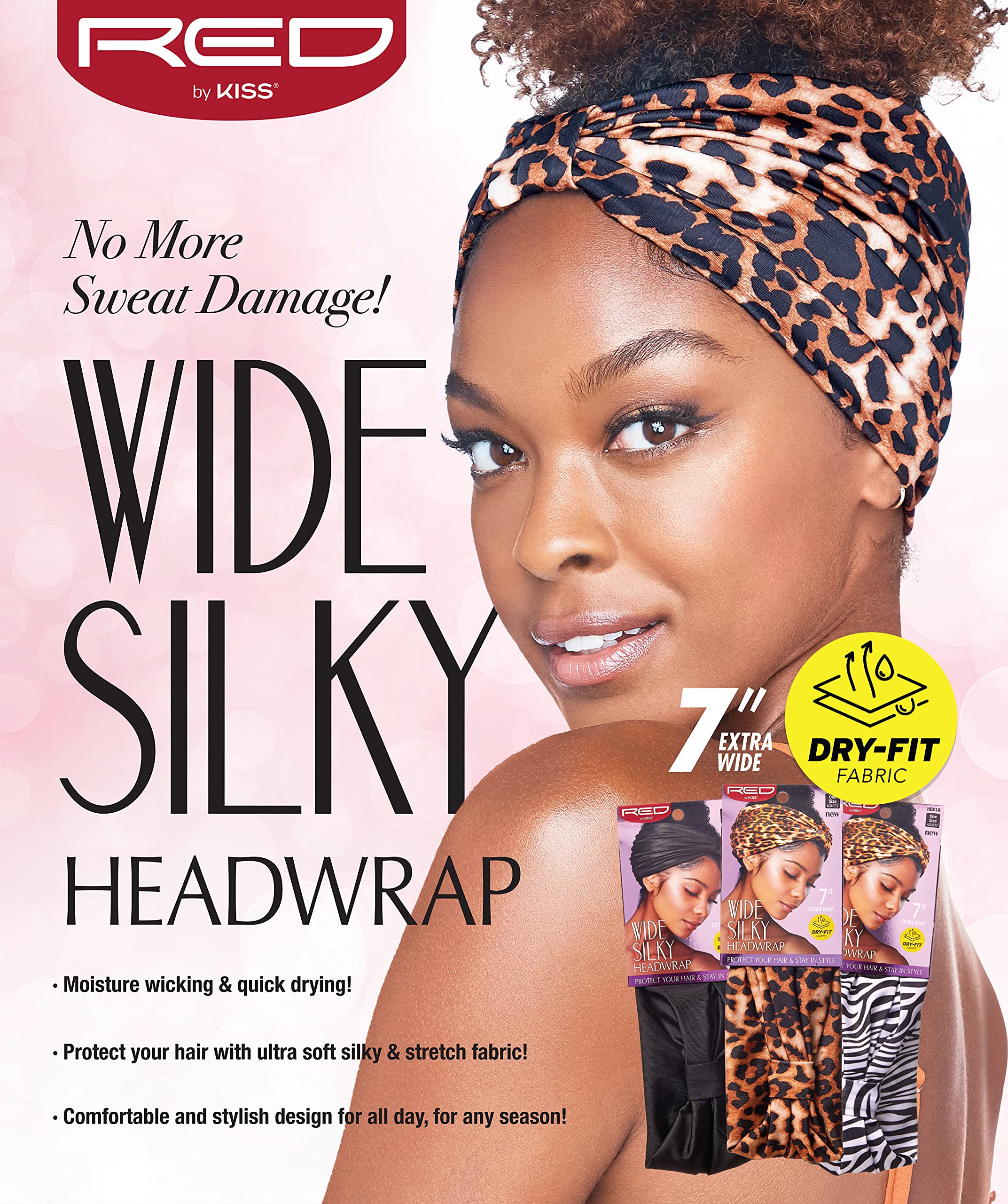 Red by Kiss Wide Silky Headwrap 7" Extra Wide Turban Headbands 3 PACK (Black, Yellow, Pink)