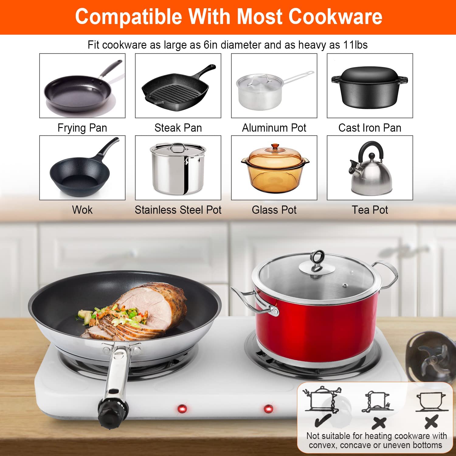 Moclever 2000W Electric Double Burner Portable Coil Heating Hot Plate Stove Countertop RV Hotplate Electric Cooktop w/Non Slip Rubber Feet 5 Temperature Adjustments, White