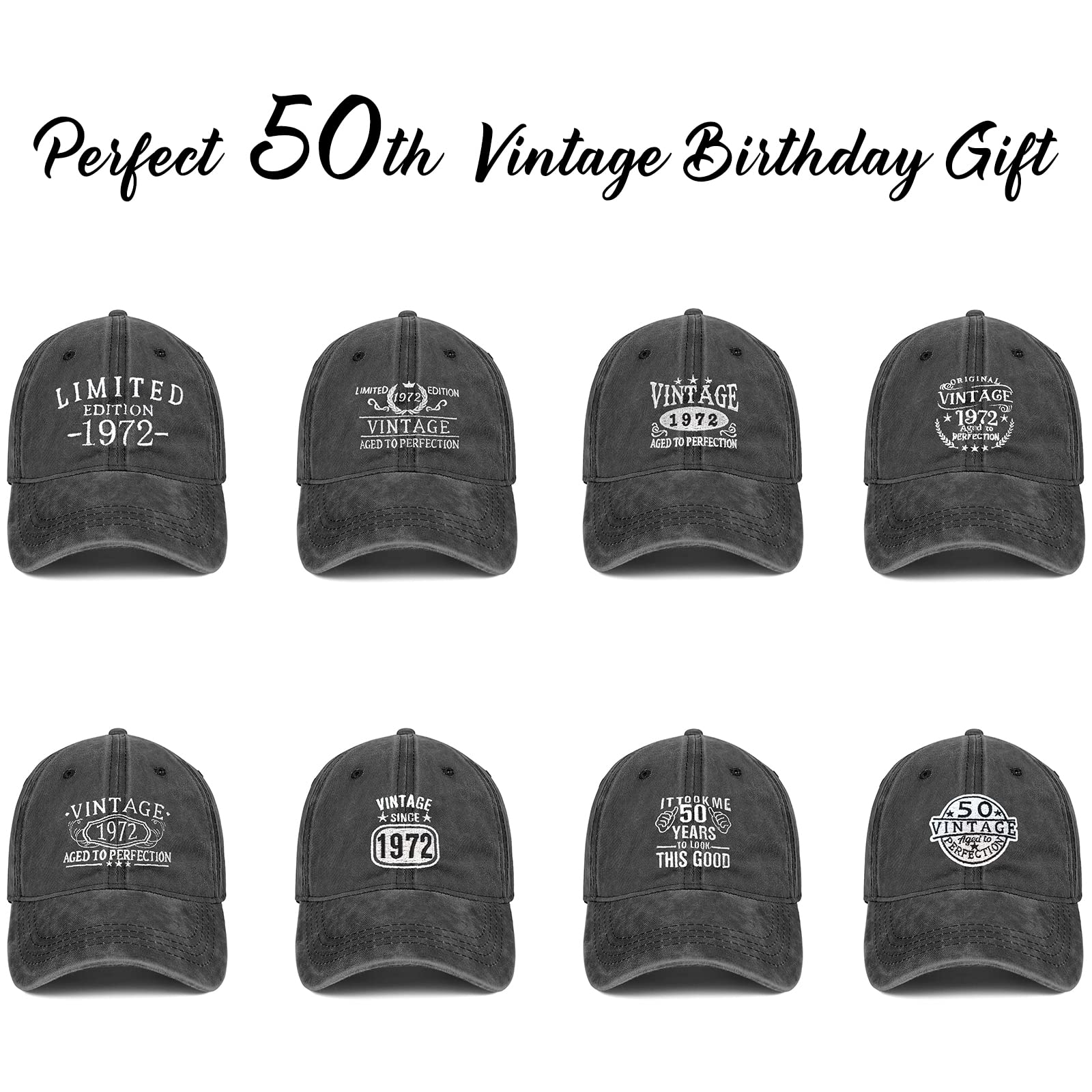 Vintage 1972 Hat 50th Birthday Gift for Men and Women Embroidered Washed Cotton Cap