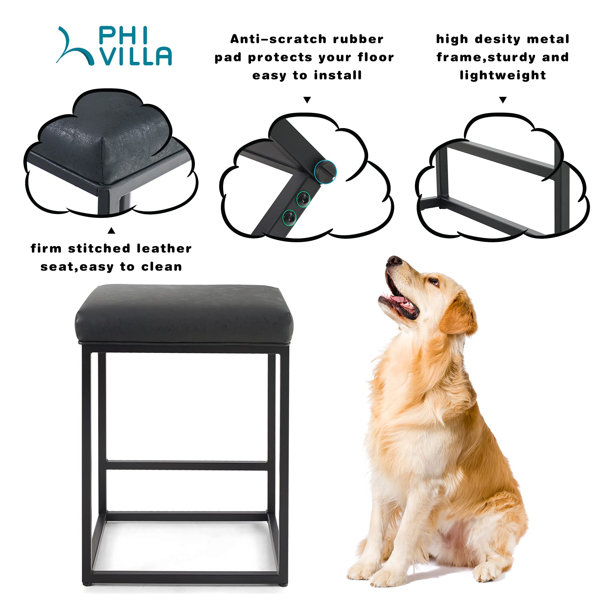 PHI VILLA Bar Stools Counter Heighr Set of 2, 24 inches, Backless, Square, Black, 2 Packs