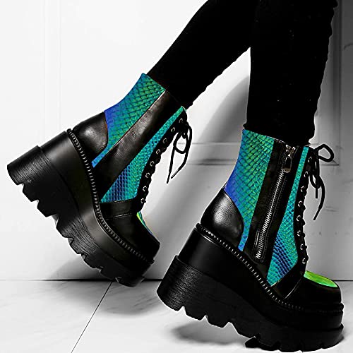 NOLDARES Platform Boots Side Zipper Lace Up Goth Combat Boots for Women High Heel Thick Platform Colorful Wedge Boots, Black, 11