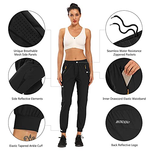 MOCOLY Women's Running Pants Athletic Joggers Sweat Pants Lightweight Hingking Cargo Sports Track Pants Zipper Pockets Black S
