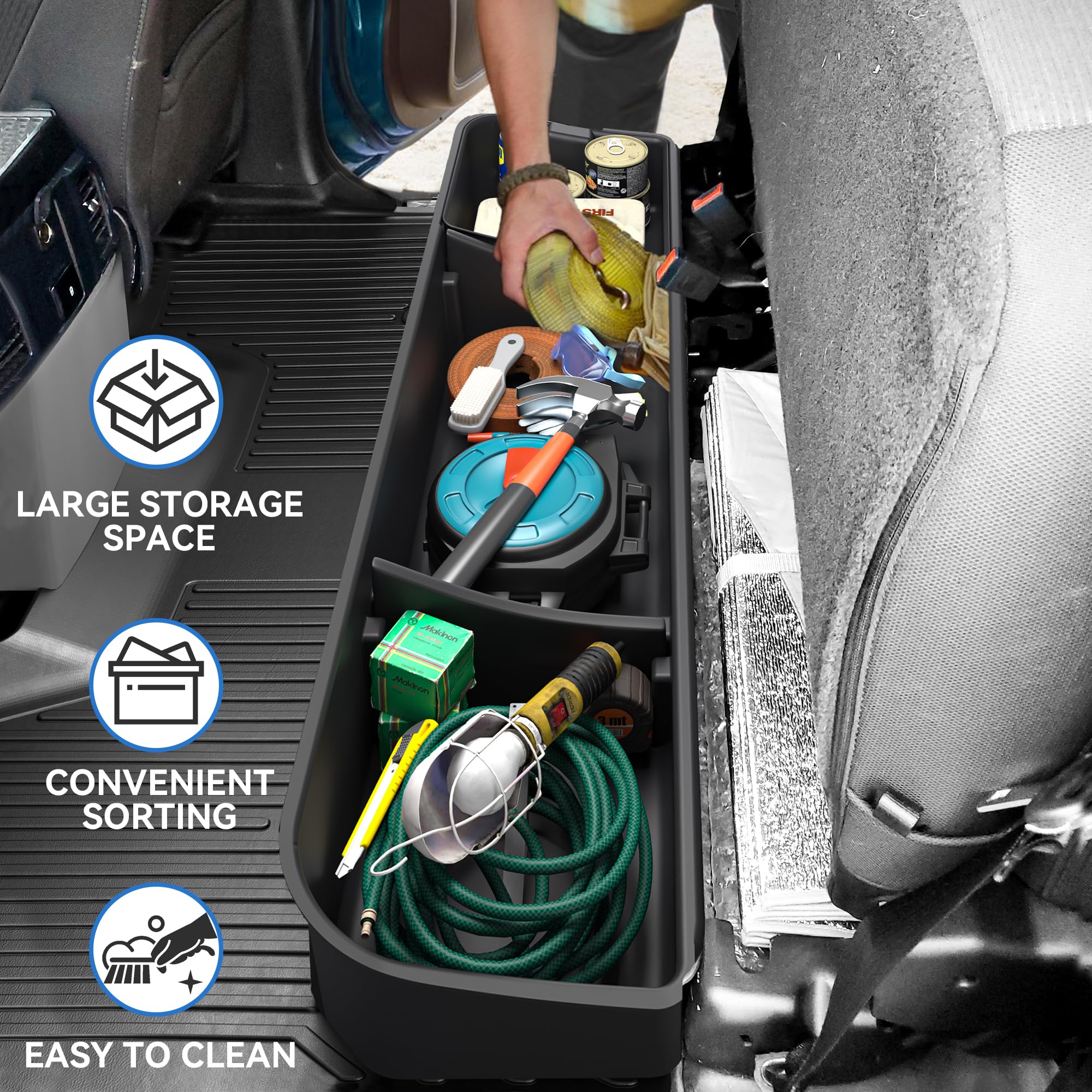 oEdRo Upgraded Under Seat Storage Box Compatible with 2015-2024 Ford F150 SuperCrew Cab & Crew Cab - Unique Textured Black 3-in-1 Design Max Storage (Excl. Super Cab)