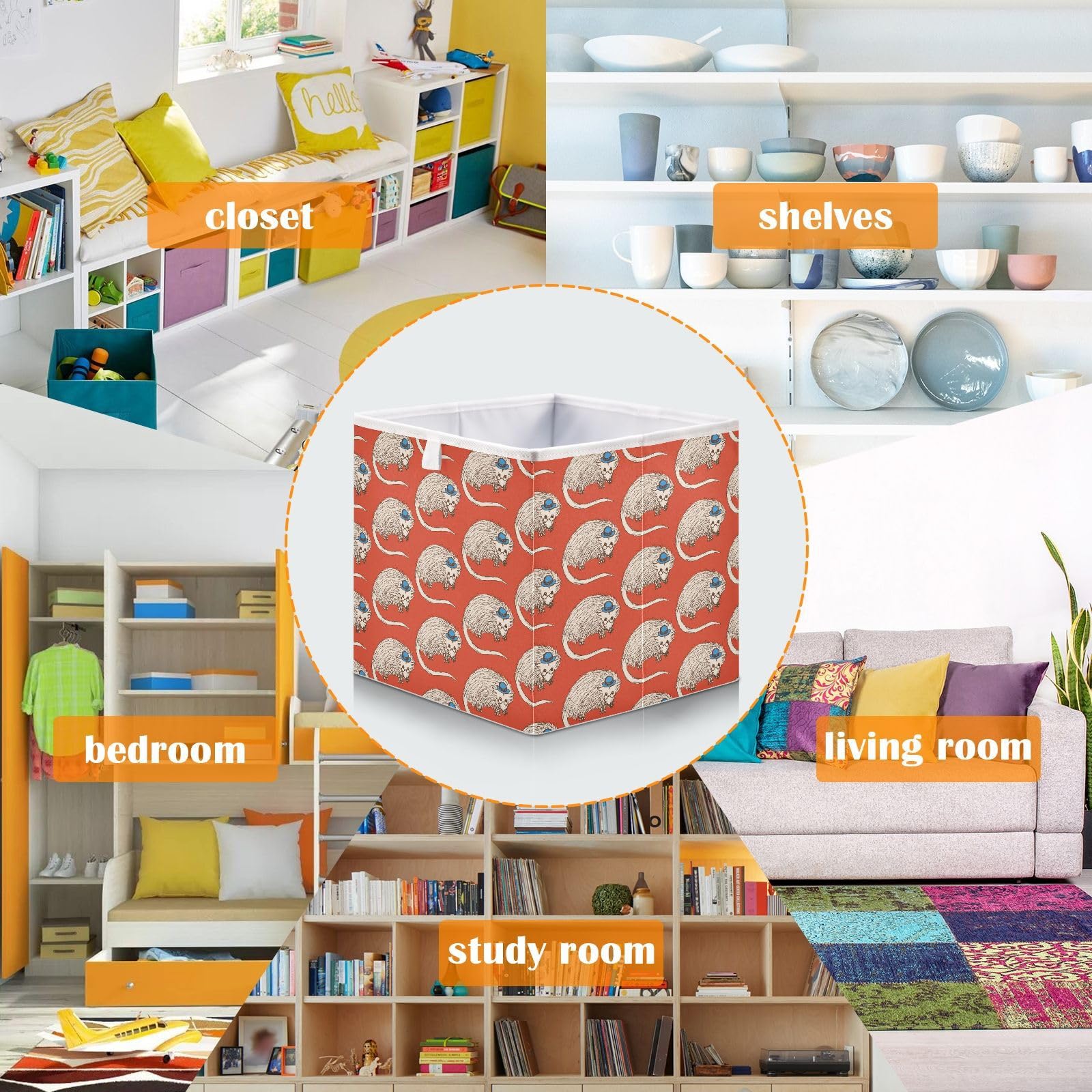 Opossum Cube Storage Bin,Large Collapsible Organizer Storage Basket for Home Décor 11 x 11 x 11 in