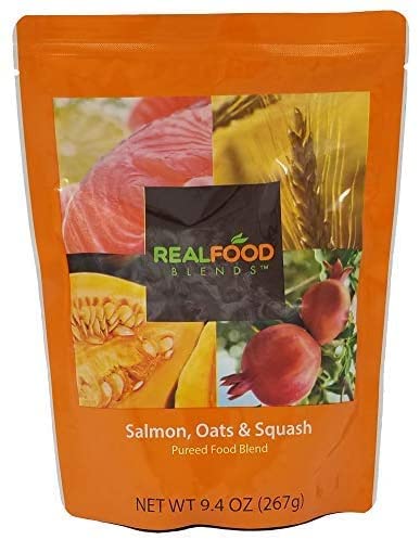 Real Food Salmon, Oats & Squash Pureed Blended Meal for Feeding Tubes, 9.4 oz Pouch (Pack of 12 Pouches)