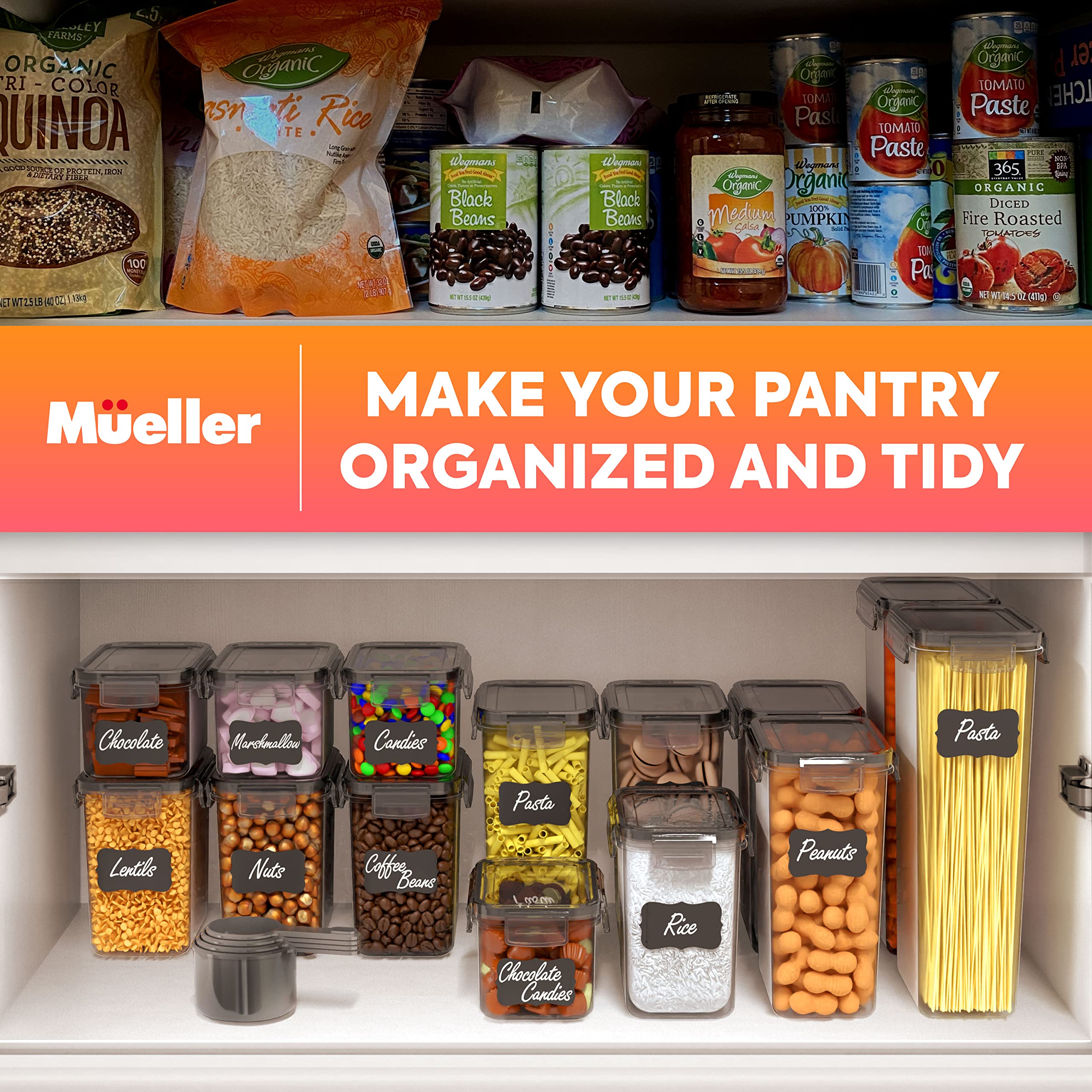 Mueller Airtight Food Storage Container Set with Lids – 24-Piece, Kitchen & Pantry Organization and Storage, Dishwasher, Freezer and Microwave Safe – 24 Labels, 4 Measuring Cups and Marker, Dark Grey