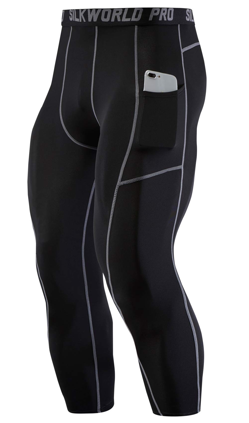 SILKWORLD Men's Compression Pants Lengging Cool Dry Athletic Base Layer Running Tights with Pockets,835_Capri_Black/Grey Stripe(Pockets),Small