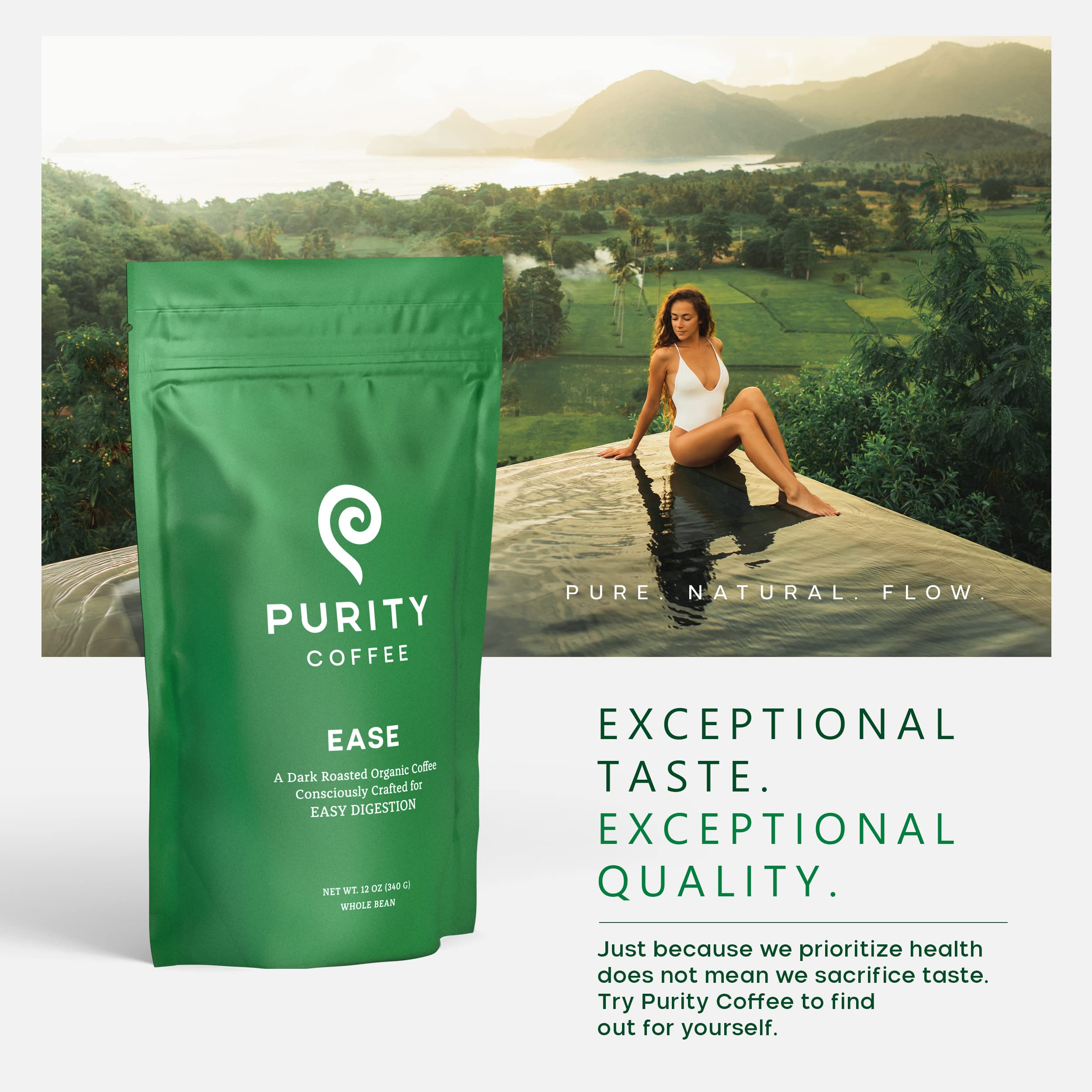 Purity Coffee EASE Dark Roast Low Acid Organic Coffee - USDA Certified Organic Specialty Grade Arabica Whole Bean Coffee - Third Party Tested for Mold, Mycotoxins and Pesticides - 12 oz Bag