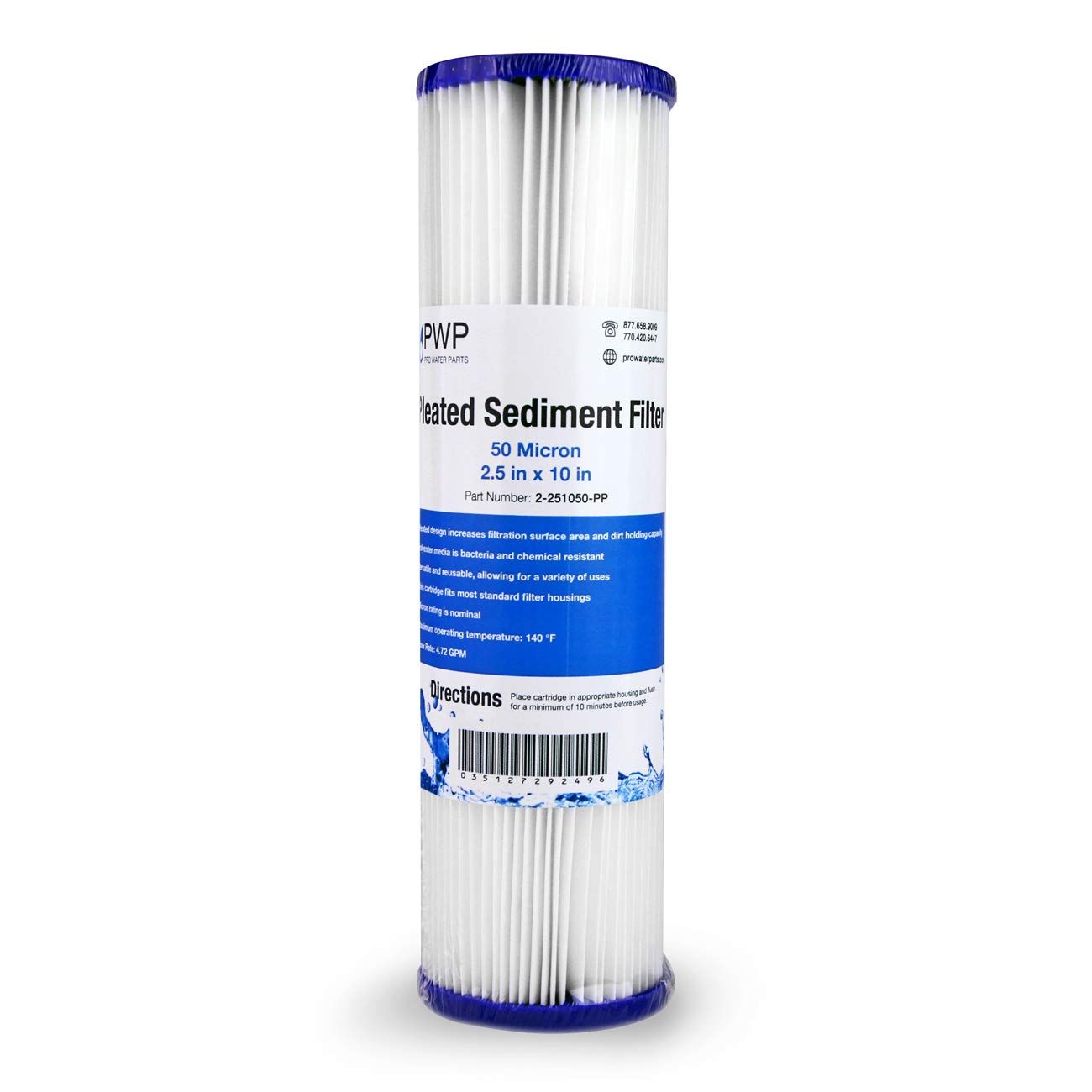 Pleated Poly Sediment Water Filter Cartridge Standard 2.5x10 50 Micron 4 Pack