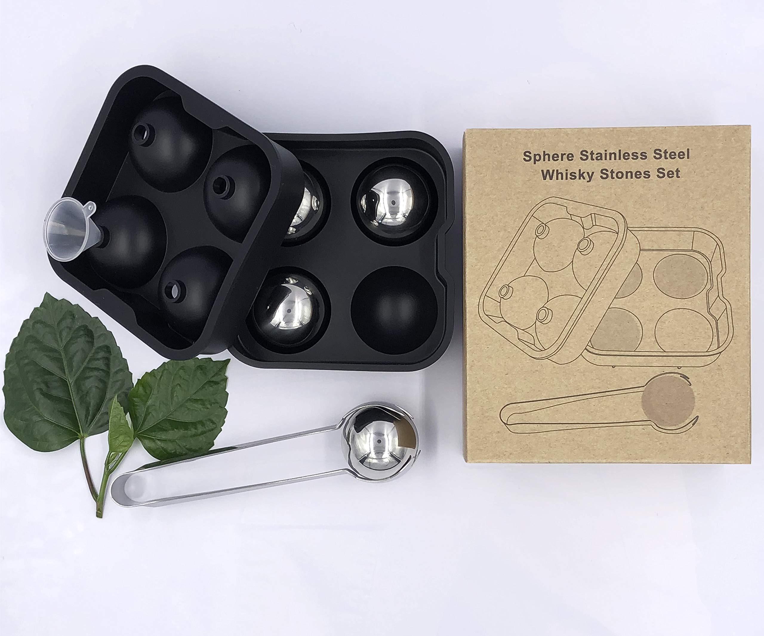 Stainless Steel Whiskey Stones, Beverage chilling Rocks, Reusable stainless steel ice balls with Sphere Ice ball tray. Total set of 7