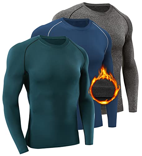 SILKWORLD Thermal Long Sleeve Compression Shirts for Men Cold Gear Athletic Gym Undershirts,B5_3pack_Navy Blue+Hemp Grey+Cyan,Large