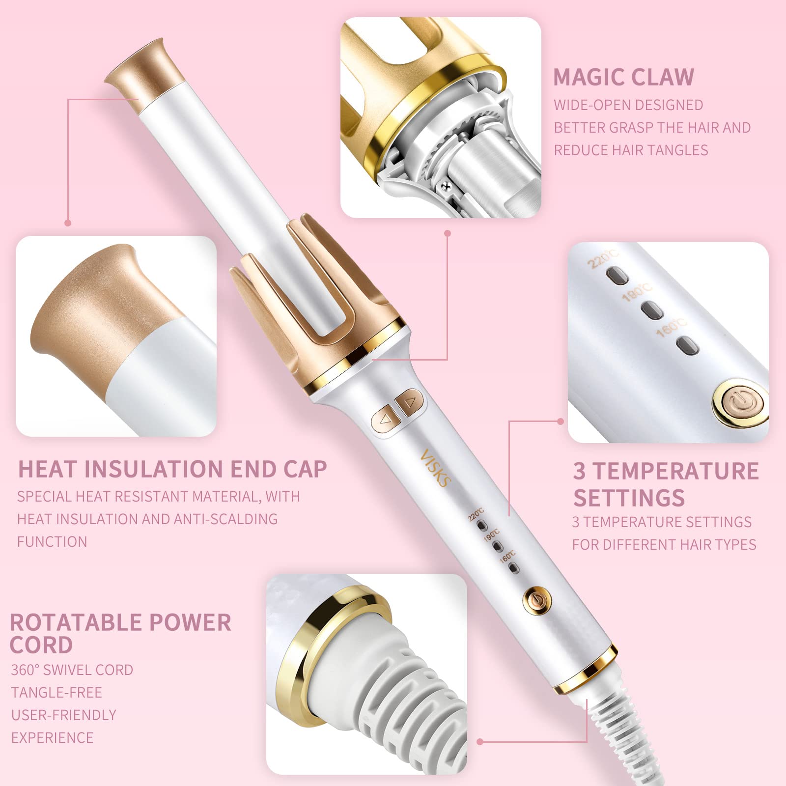 VISKS Auto Ceramic-ion Hair Curler, Super Easy-to-use 1 inch Automatic Curling Iron with 1" Barrel & 3 Temps Settings, Auto Shut-Off, Rotating Curling Wand