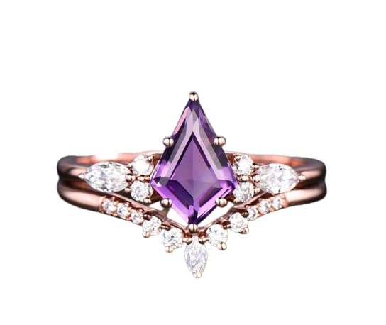 Vintage kite cut purple amethyst ring unique amethyst engagement ring set rose gold marquise cut diamond ring set bridal wedding ring set (ROSE GOLD, 7)