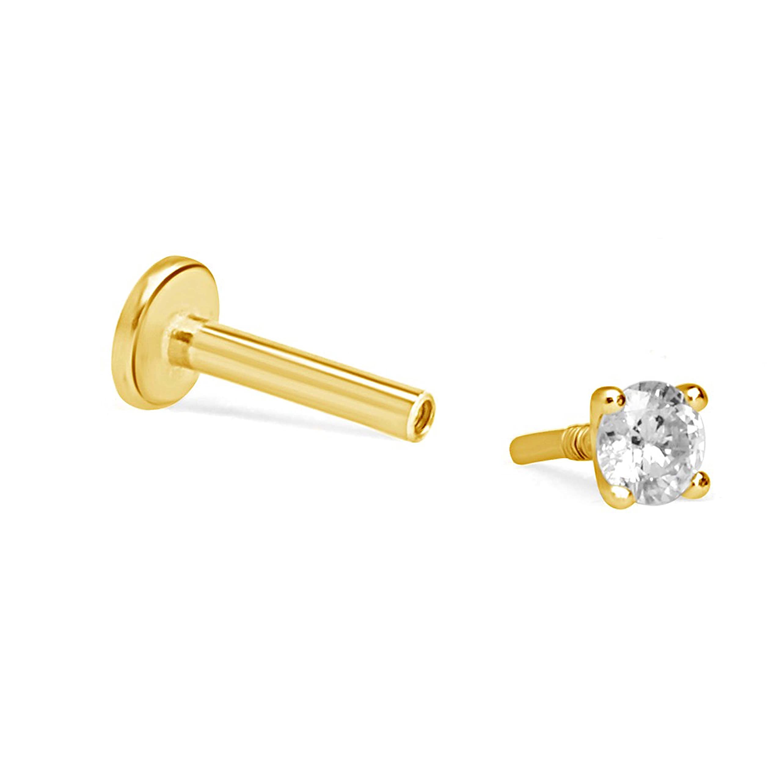 Round Natural Diamond Cartilage Tragus Solitaire Stud Earrings 14K Solid Yellow Gold Internally Threaded Screw Back (0.06 Cttw,Color G-H, Clarity - SI1-SI2) Upper Ear Piercings Jewelry For Men Women
