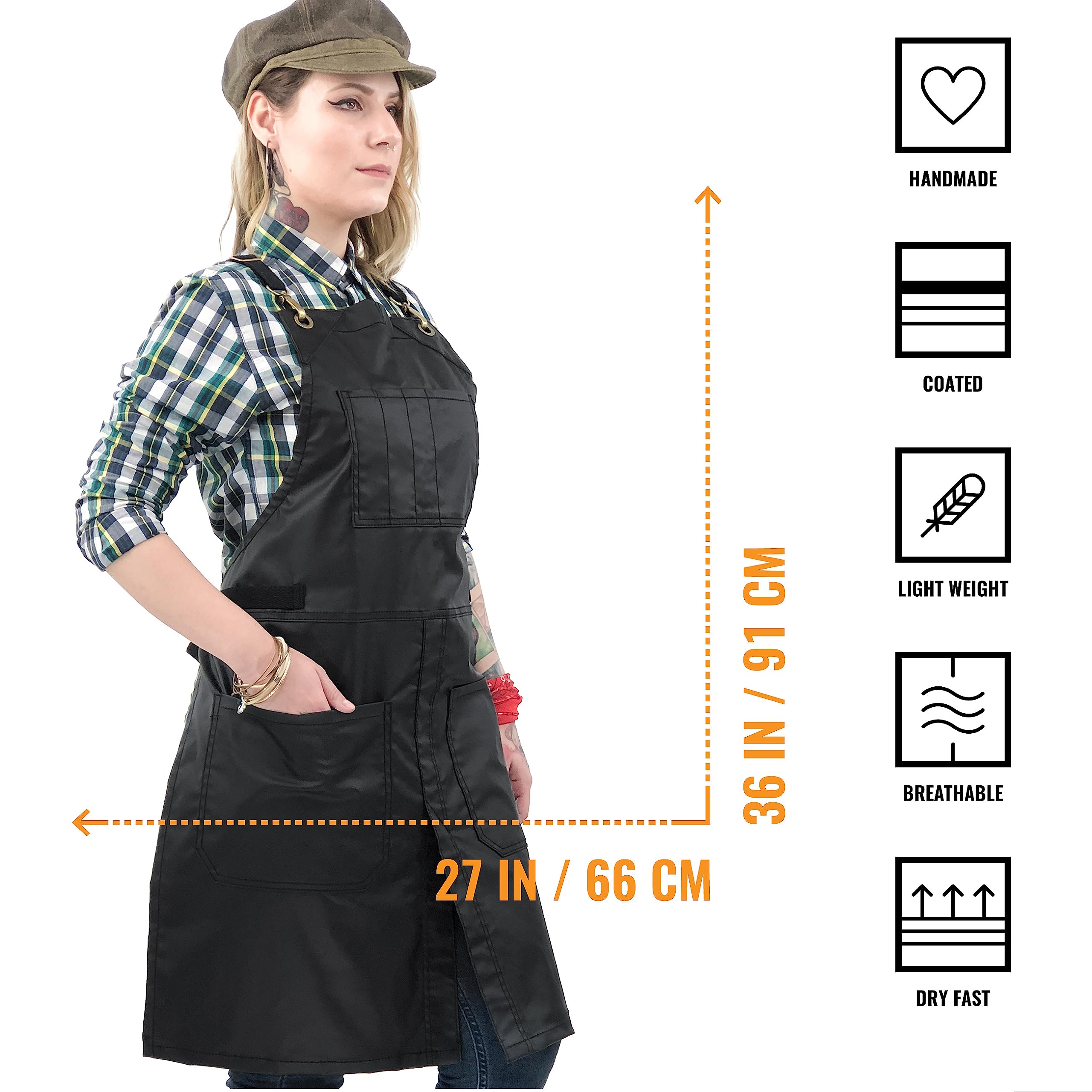 Under NY Sky Cross-Back Panther Black Apron β Coated Twill with Leather Reinforcement and Split-Leg β Adjustable for Men and Women β Pro Barber, Tattoo, Hair Stylist, Barista, Bartender, Server Aprons