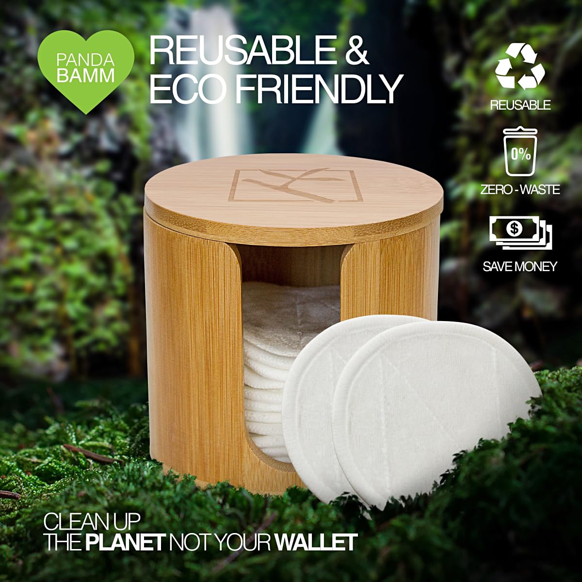 Panda Bamm- Reusable Makeup Remover Pads Multi-pack, 16 pcs - Zero Waste Reusable Cotton Rounds, Bamboo Storage Jar for Reusable Cotton Pads, Eco Friendly Travel Bag, Laundry Bag