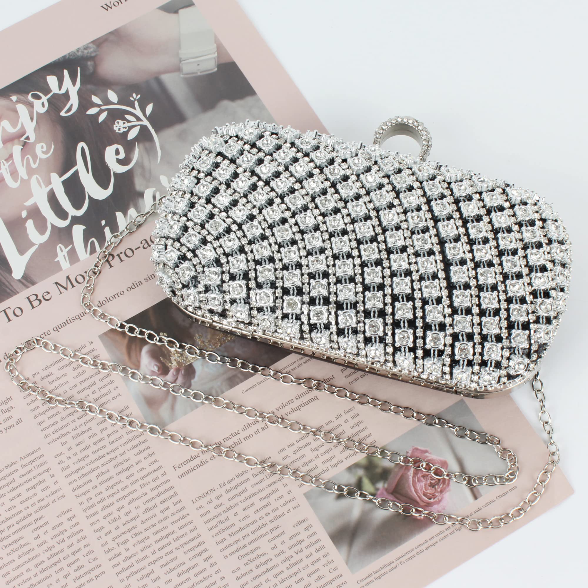 Reberomantic Women Lattice Pattern Metal Handbag Chain Geometric Evening Clutch Purse (U-diamond silver)