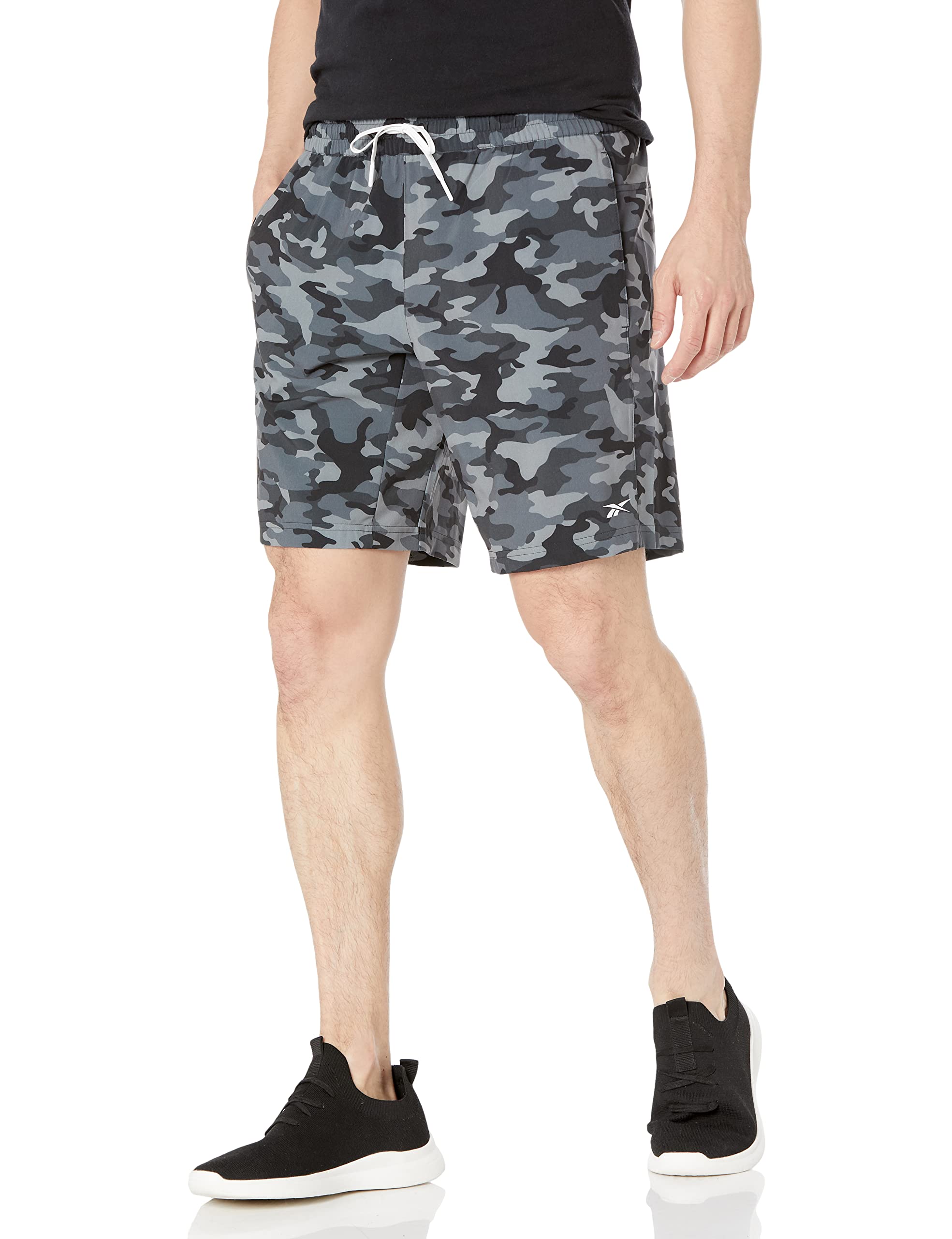 Reebok Men's Standard Workout Ready Graphic Shorts, Black/Grey All Over Camo Print, Large