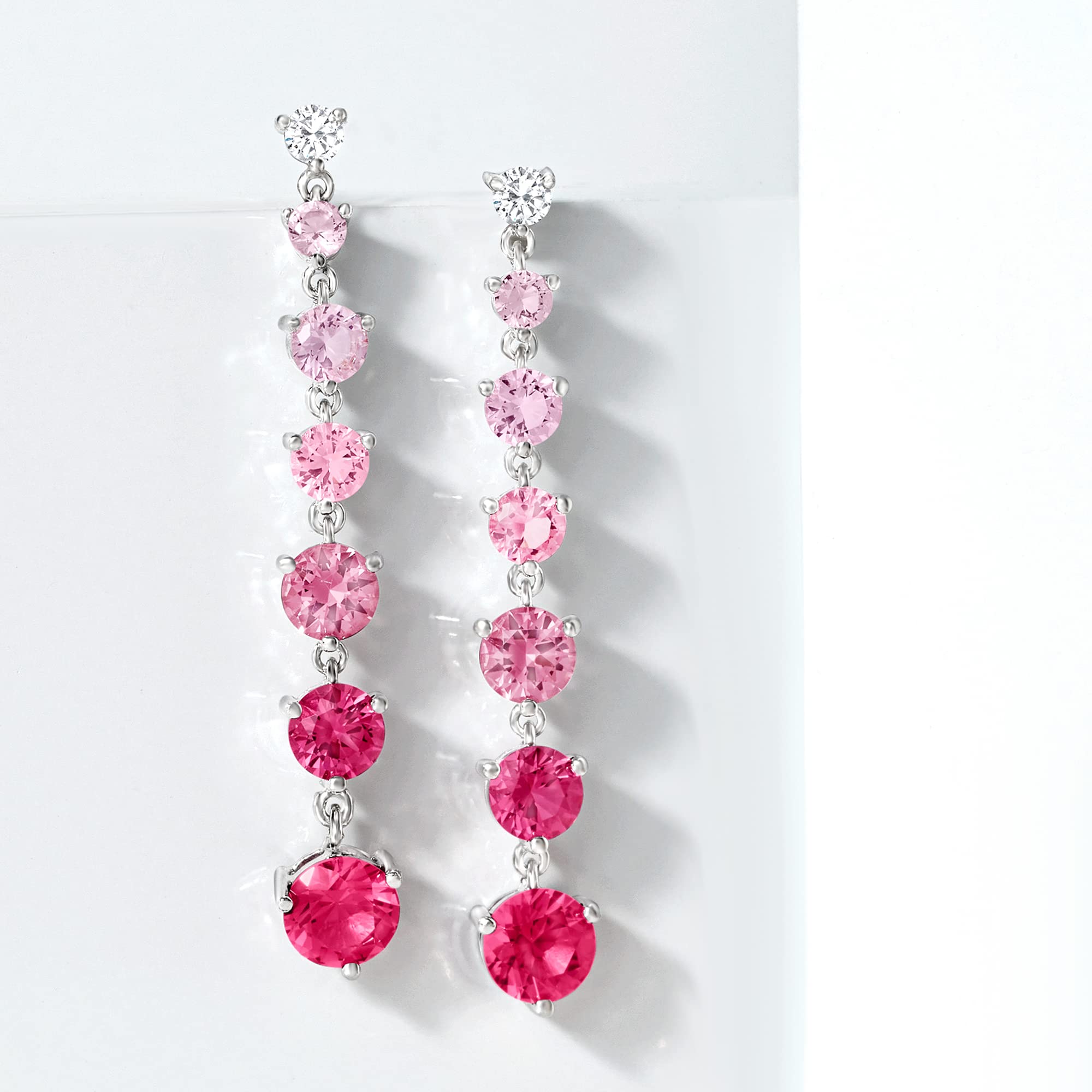 Ross-Simons 4.50 ct. t.w. Simulated Pink Sapphire and .20 ct. t.w. CZ Drop Earrings in Sterling Silver
