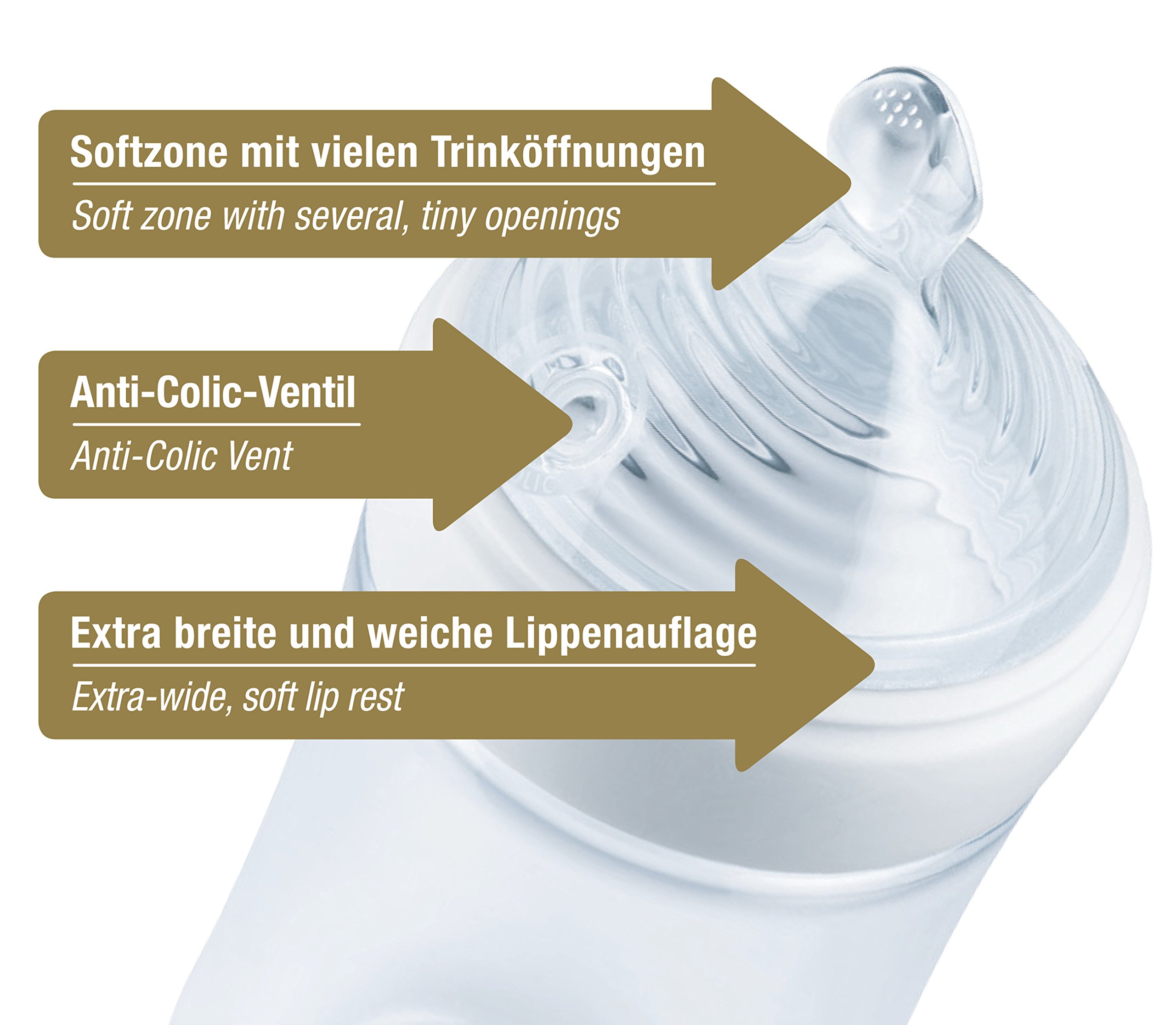 NUK Nature Sense Glass Bottle with Silicone 0-6 Months, S (3 Tiny Openings for Breast Milk, Tea, Water), Holds 120 m Blue
