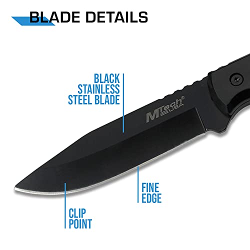 MTech USA – Fixed Blade Knife – Black Stainless Steel Blade with Black Nylon Fiber Handle, Full Tang, Includes Nylon Sheath - Hunting, Camping, Survival, Tactical, EDC – MT-20-35BK