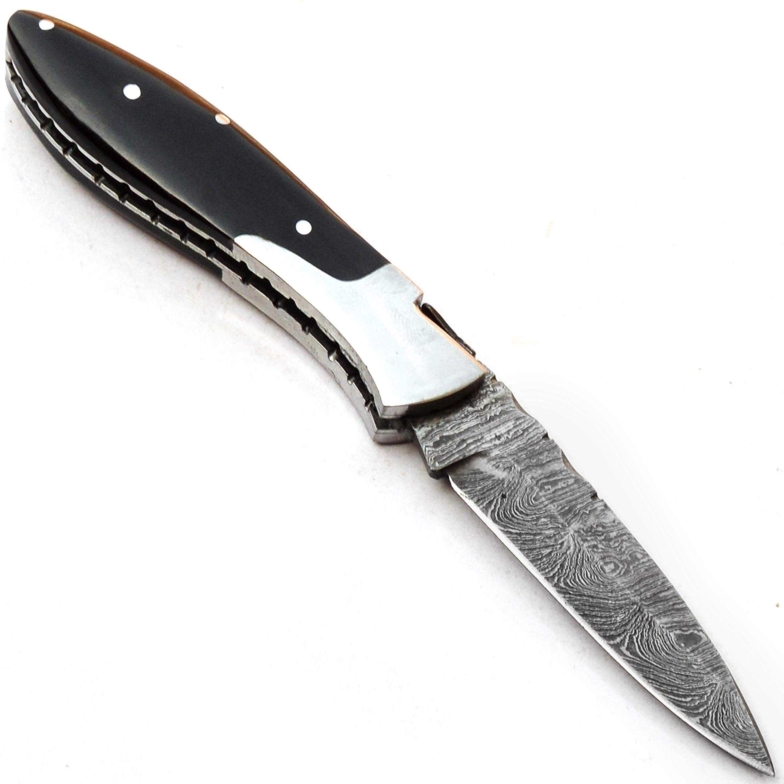 PAL 2000 KNIVES Custom Handmade Damascus Steel Folding Pocket Knife With Leather Sheath 9795