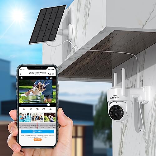 NUFEBS Security Camera 2K/4MP Wireless Outdoor with Solar Panel 355°PTZ 2.4G WiFi Waterproof Surveillance Motion Dection Spotlight/Siren, Color Night Vision，2 Way Audio，SD Card Slot/Clound (White)