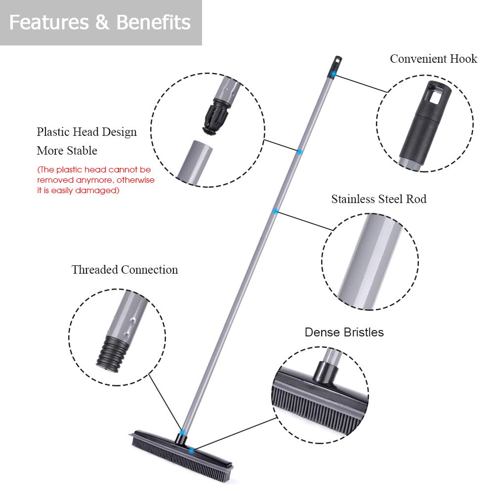 Pet Hair Remover Rubber Broom with Squeegee Edge 59 inches Adjustable Carpet Rake Long Handle Push Broom for Hair Pet Dog Carpet Hardwood Floor Tile Windows Cleaning