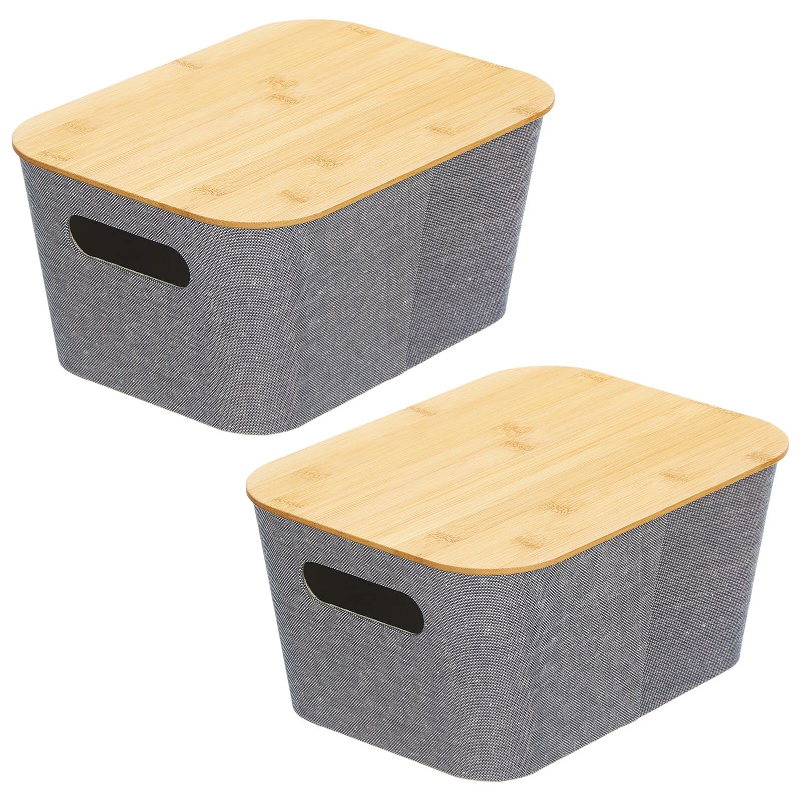 mDesign Modern Fabric Covered Basket with Lid, Stacking Decorative Storage Bin Box with Bamboo Cover for Closet, Living Room, Kitchen, Office Shelf, Holders for Clothing/Accessories, 4 Pack, Navy Blue
