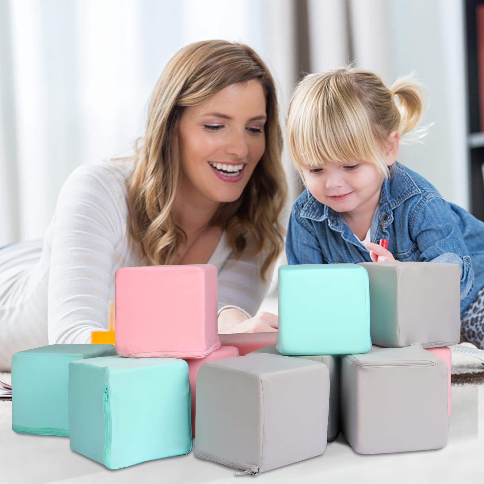 TRENDBOX Toddler Foam Cubes, 12 Pcs 5.5inch Soft Foam Blocks with Detachable Washable Cover, Soft Stacking Blocks for Baby(Light Gray/Pink/Blue