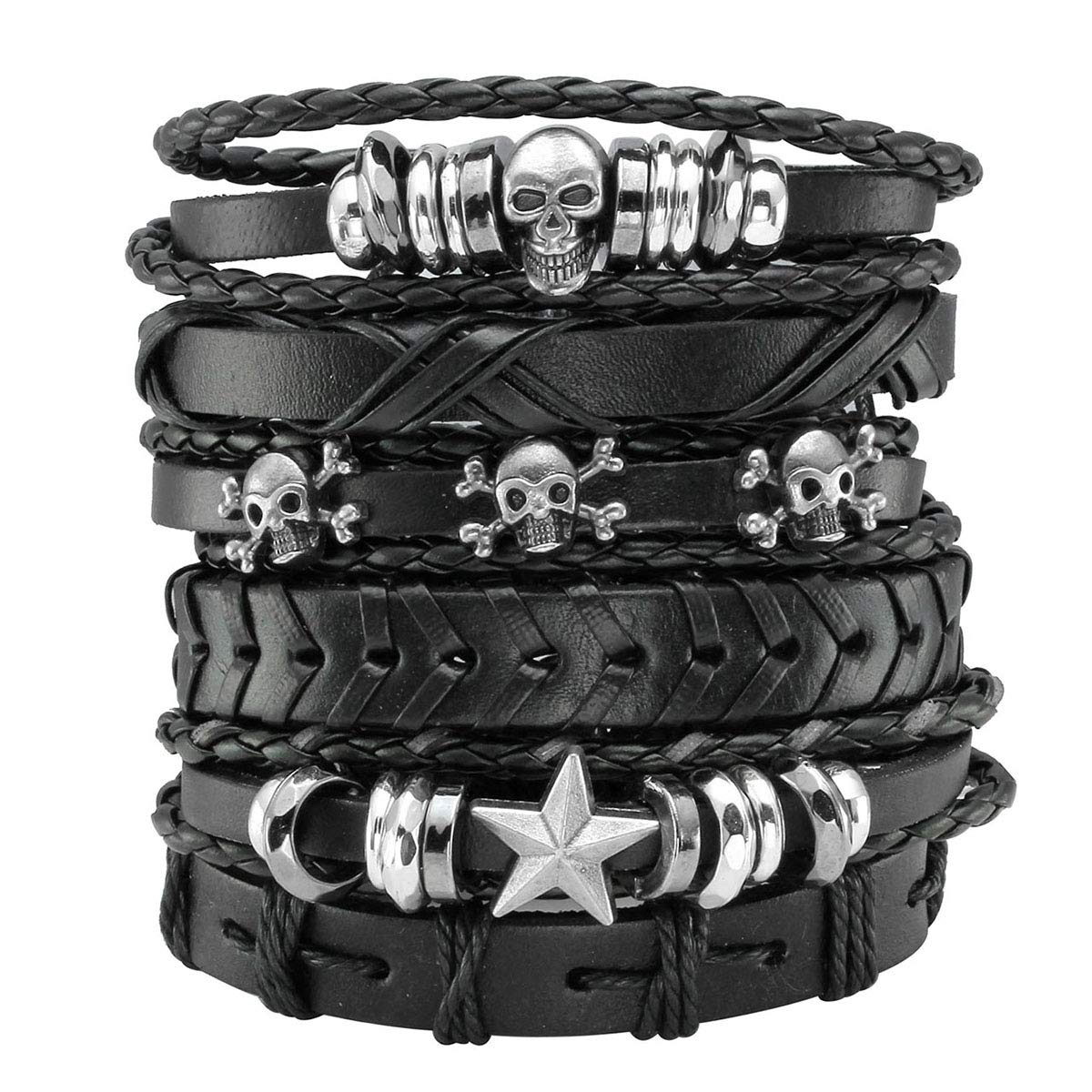Manfnee6Pcs Braided Leather Bracelet for Men Women Punk Cuff Wrap Bangle Bracelets Adjustable Black