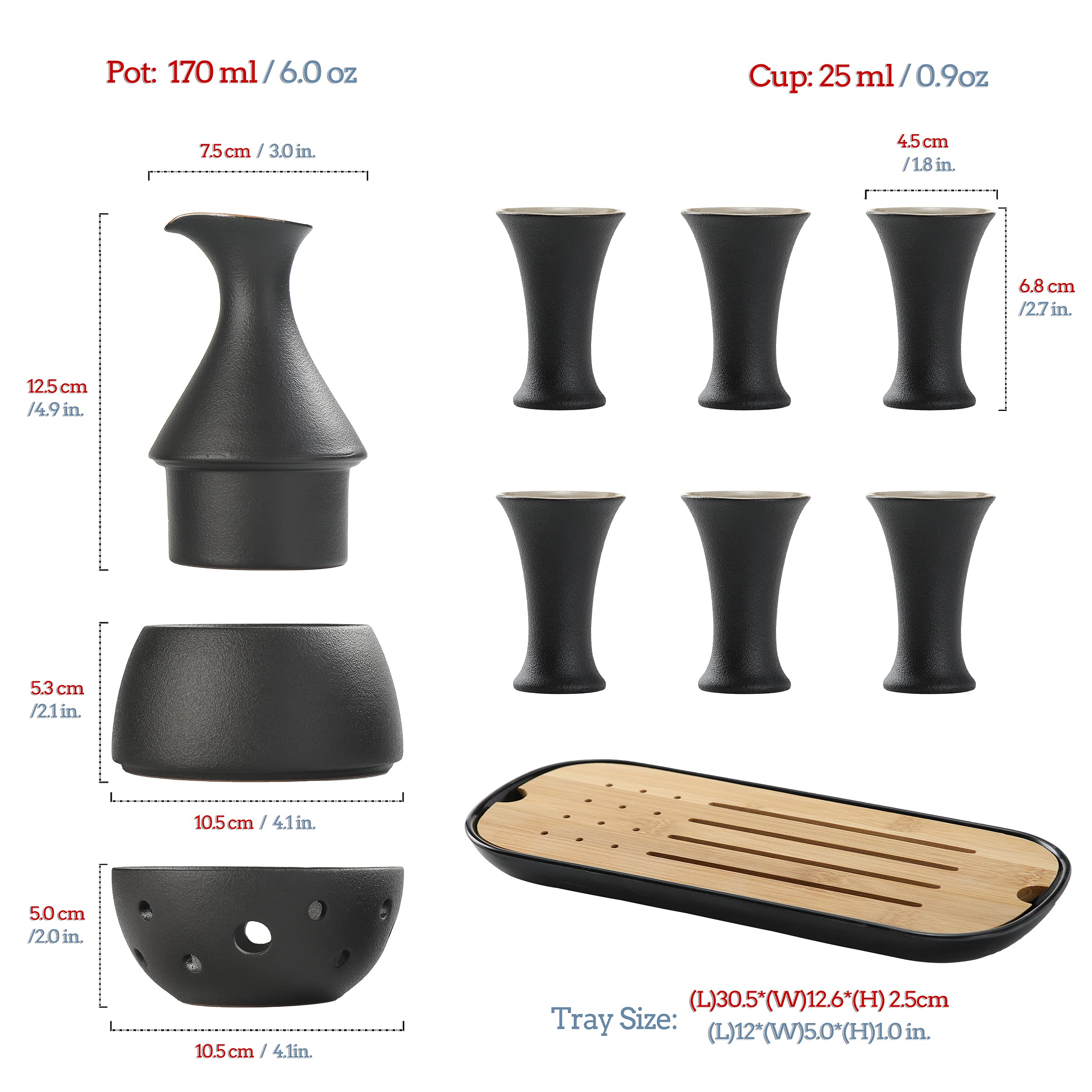TEANAGOO Ceramic Sake Set with Warmer Pot Bamboo Tray, 10pcs/Set. T2 Regular Kraf Box Safe Packing, Sake Carafe(6 Oz) with 6 Sake Cups (0.9 Oz) for Hot or Cold Japanese Soju…