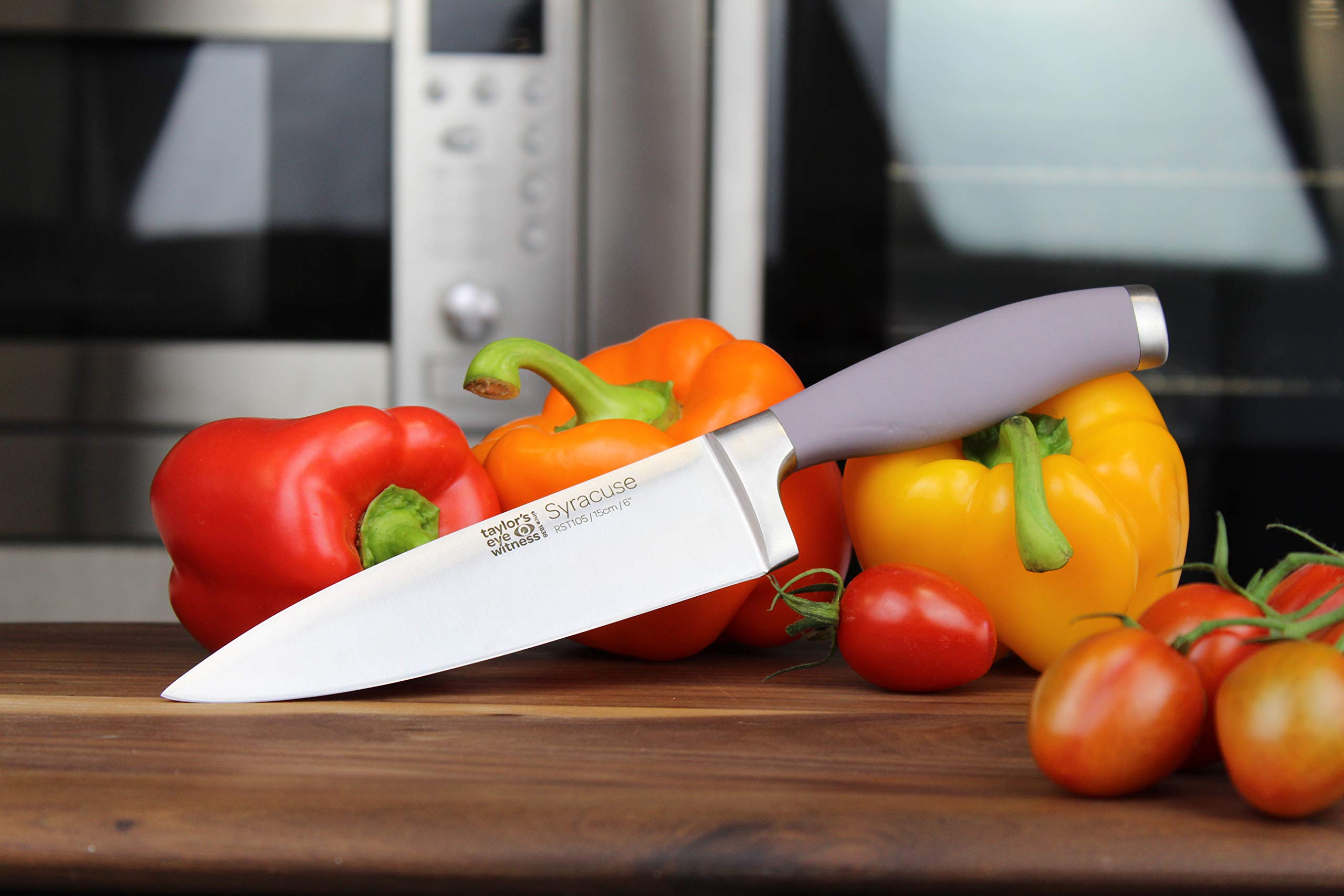 Taylors Eye Witness Syracuse Kitchen Knife 3pce Set - Paring 8cm/3.5β, Chefs 15cm/6β & Cooks All Purpose 13cm/5β Cutting Edge. Ultra Fine, Razor Sharp Blade. Soft Textured Grip Berry Colour Handle