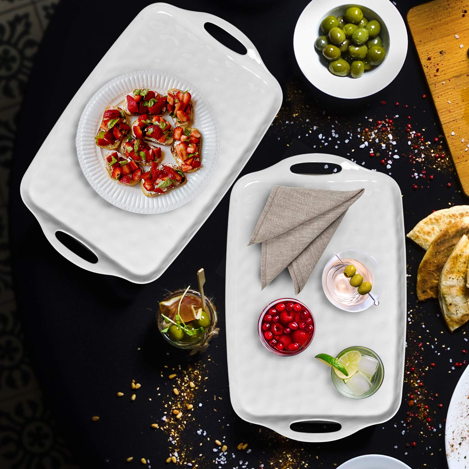 TP Serving Tray with Handles, Large Rectangle Melamine Serving Platter Set of 2, White (19β x 12β)