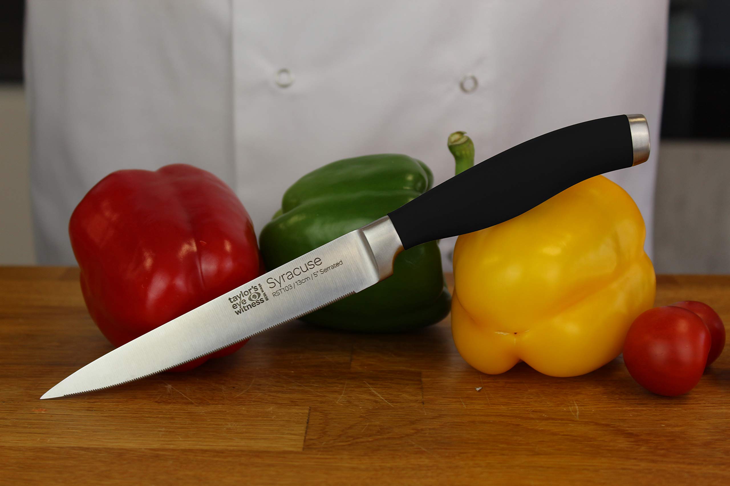 Taylors Eye Witness Syracuse Serrated Utility Kitchen Knife - Professional 13cm/5β Cutting Edge, Multi Use. Ultra Fine Toothed, Razor Sharp Blade. Soft Textured Grip Matte Black Handle.