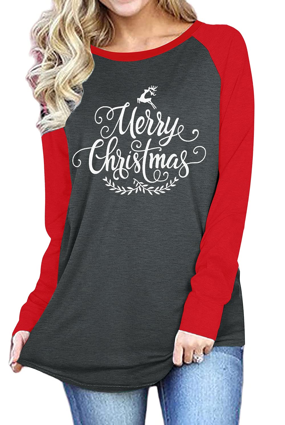 Merry Christmas Leaf Print Baseball T-shirt Women Causal Raglan Long Sleeve Tees size L (Red)