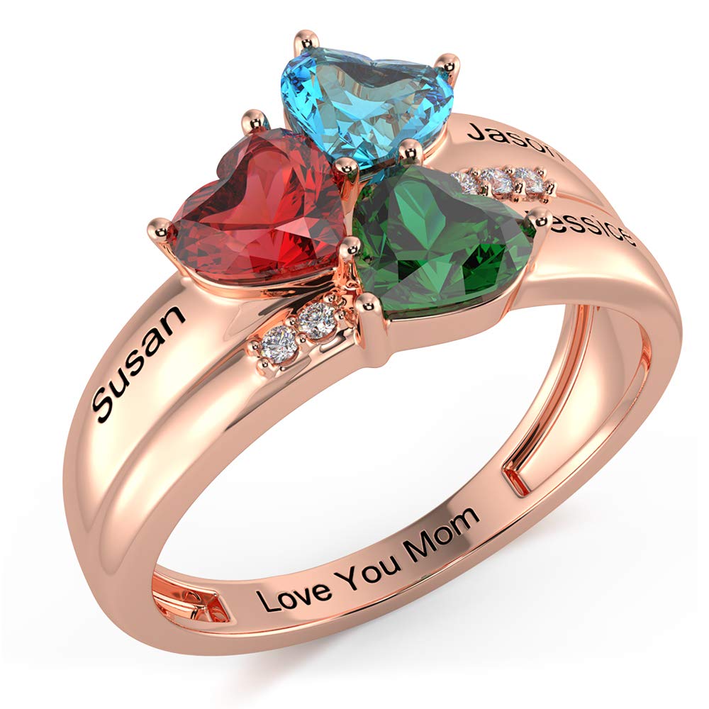 Personalized Mothers Rings with 3 Simulated Birthstones for Women Engraved Family Name Rings for Grandmother Mother Anniversary Rings (Rose Gold, 7)
