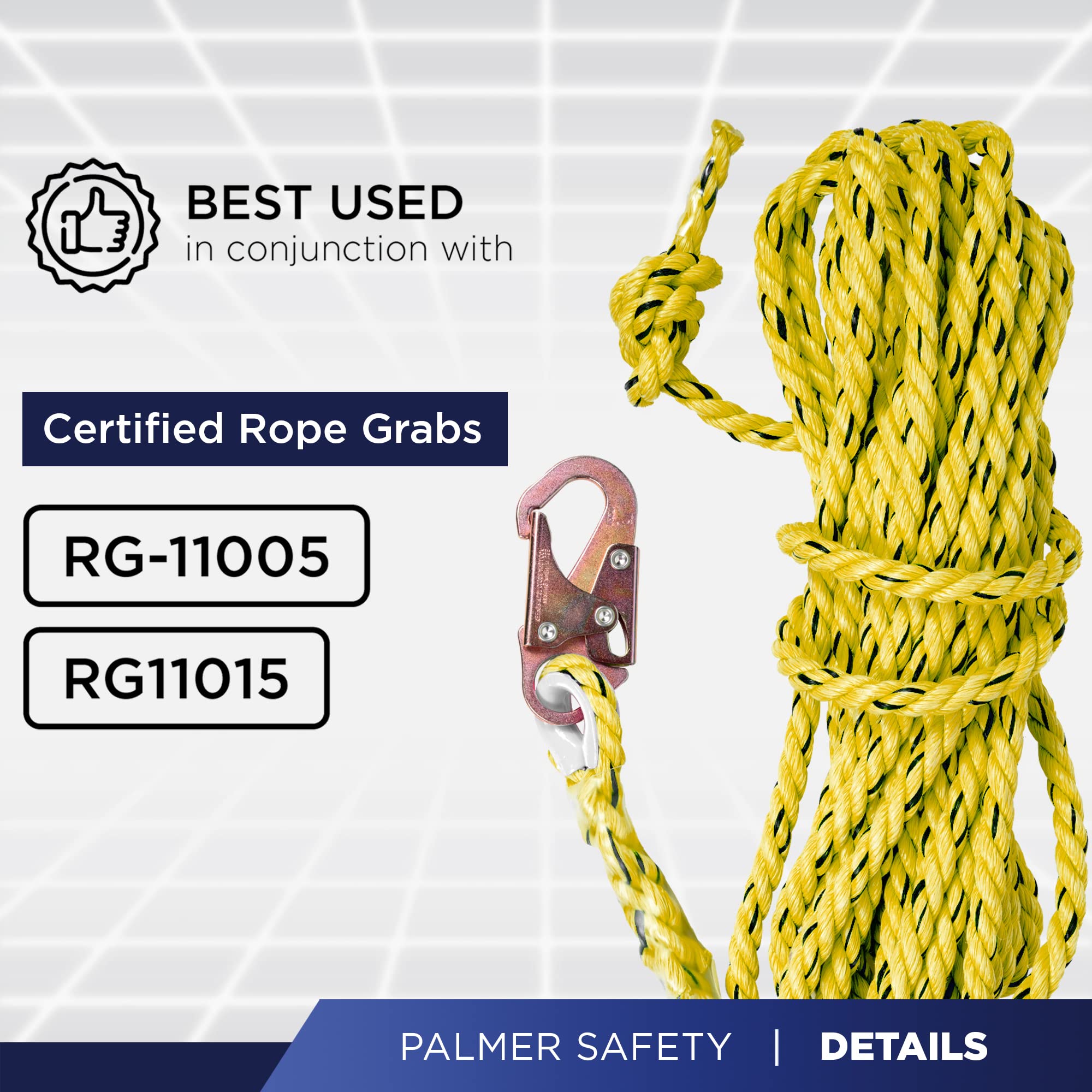 Palmer Safety Fall Protection 50' Vertical Rope Lifeline with One Locking Snap Hook I 5/8" Diameter Co-Polymer Twisted Rope I Ideal use for Climbing, Roofing, Scaffolding, Search & Rescue (Yellow)