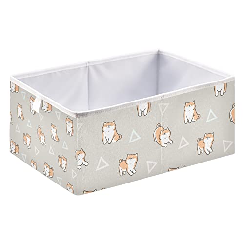 Seamless Cute Cartoon Shiba Inu Dogs Geometric Triangles on Warm Grey Rectangular Storage Basket Bin, Collapsible Storage Box, Foldable Nursery Baskets Organizer for Toy, Clothes Easy to Assemble