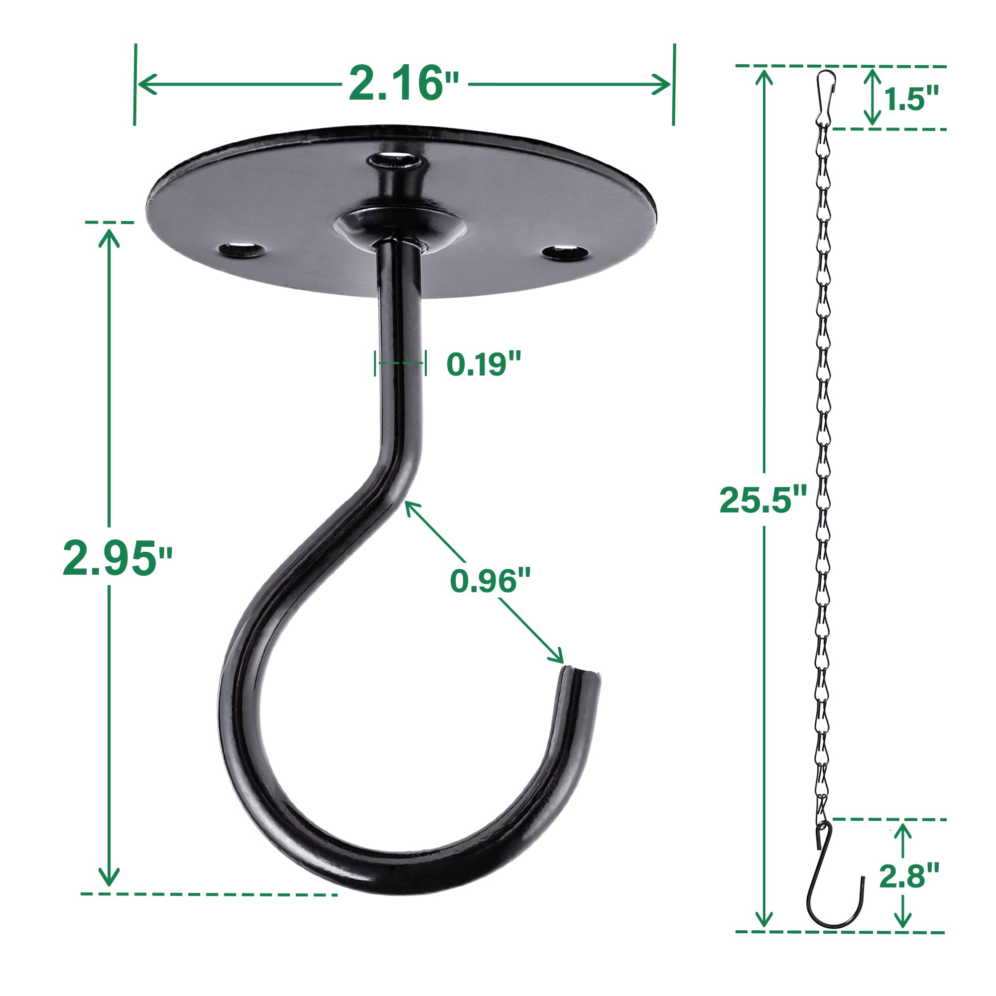 XDW-GIFTS 4 Pack Ceiling Hooks with Hanging Chains for Hanging Birdfeeder, Plants, Lanterns, Wind Chimes, Utensils, Heavy Duty, Black Coated Indoor and Outdoor