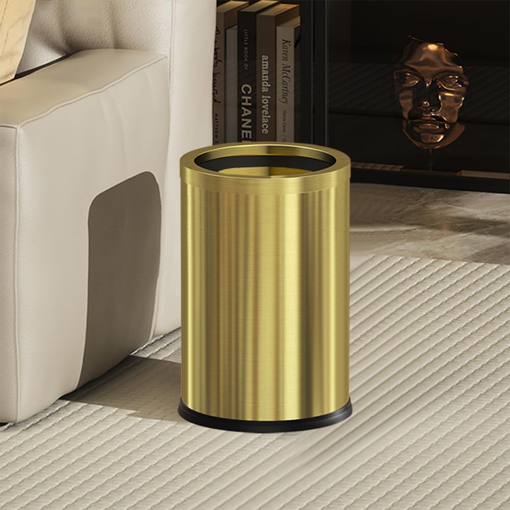 YOJIA 2.4 Gallon Elegant Round Trash Can,Open Top Waste Basket,Removable,Brushed Stainless Steel,12.8" H,Large Capacity Garbage Can,for Bathroom,Living Room,Bedroom,Cafe,Office,Buseniss (110XW Gold)