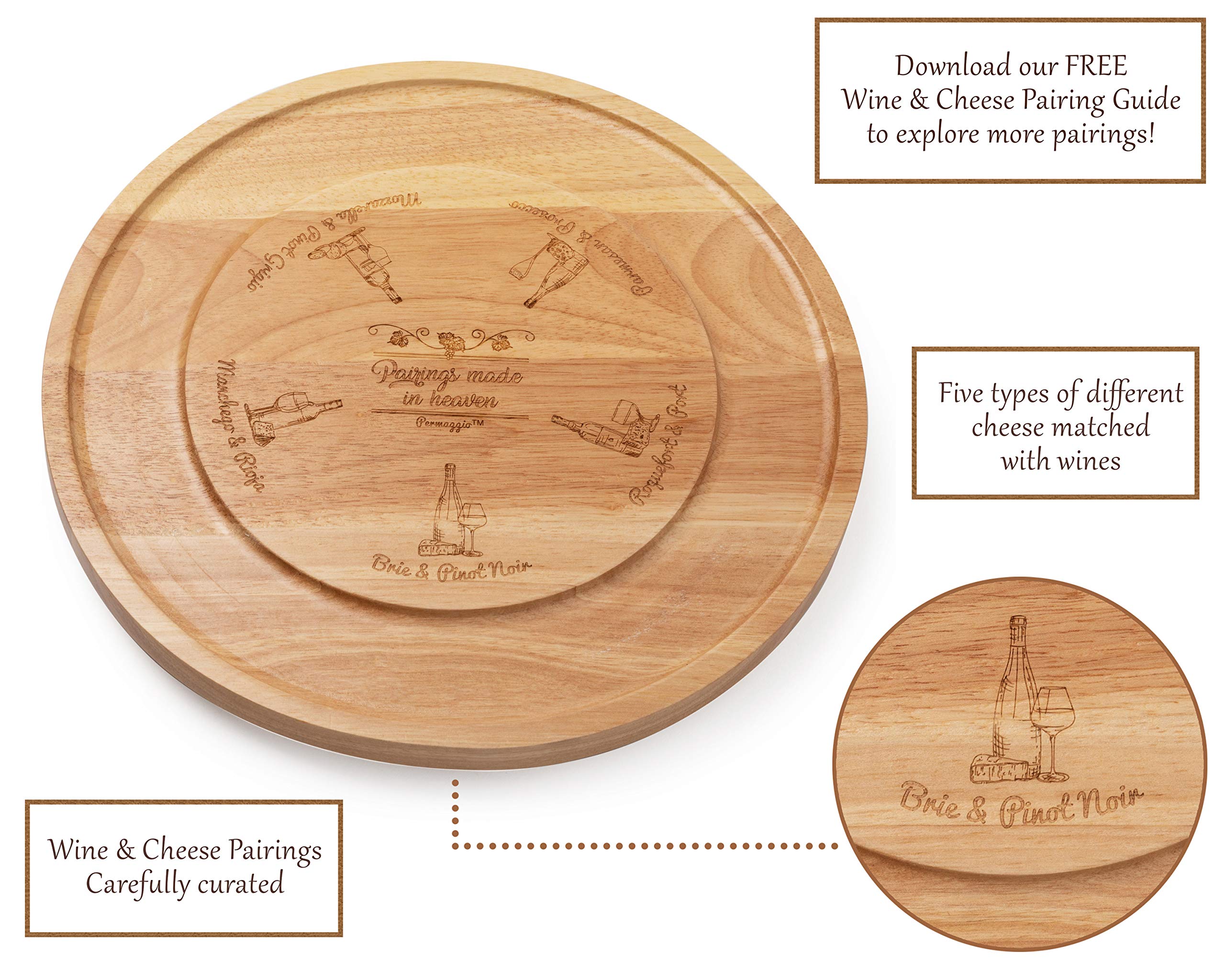 Permaggio Cheese Board and Knife Set, Wine and Cheese Serving Set, Lazy Susan Tray Charcuterie Platter 13.1", Natural Rubber Wood, Perfect Hostess Gift, Swivel Server Cheeseboard Gift Set