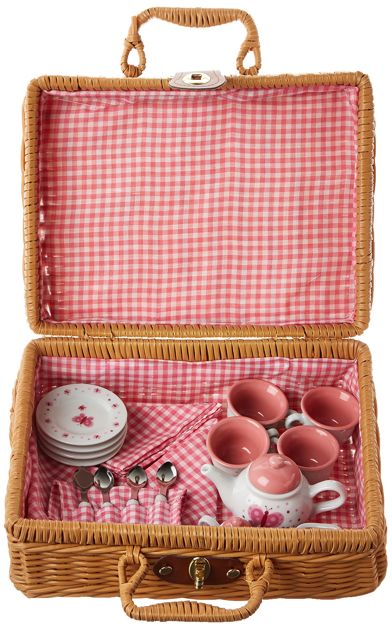 Schylling Brand Classic Porcelain Butterfly Tea Basket Set - 24 Piece Miniature Tea Set - 1.25" Tall Tea Cups - Includes Latching Picnic Basket - Ages 8-10