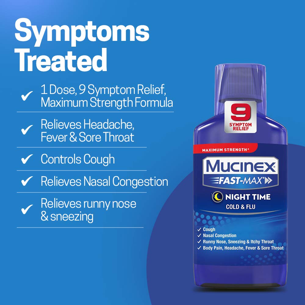 Mucinex Fast-Max Adult Nighttime Cold and Flu Liquid, 6 Ounce (Pack of 4)