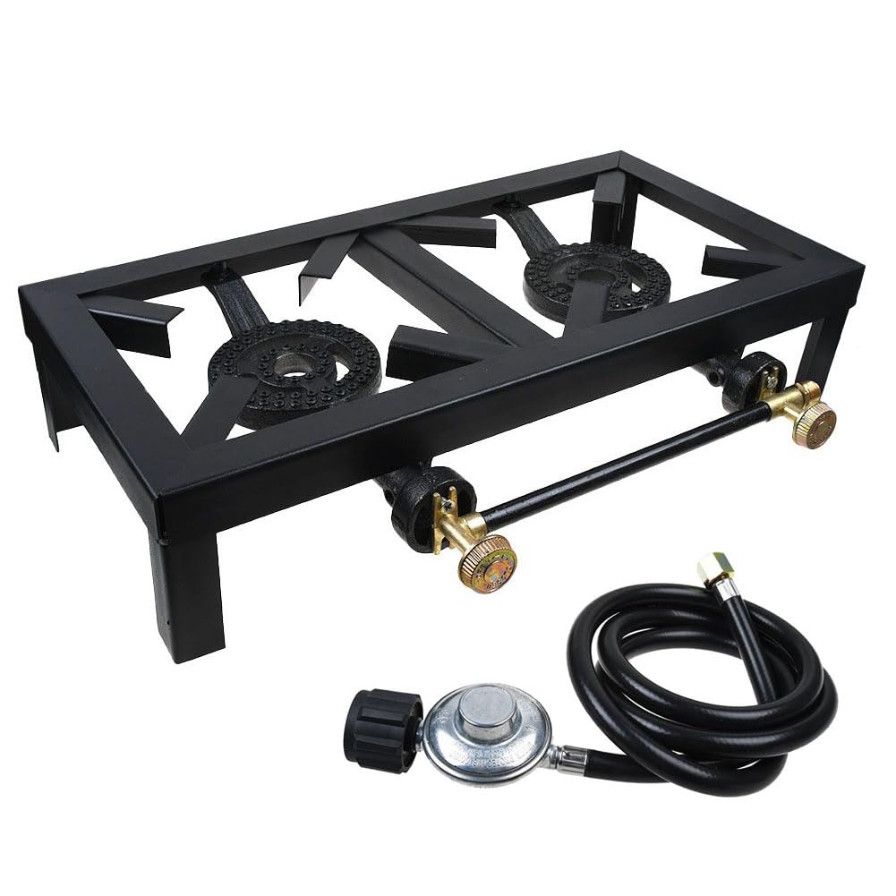 Outdoor Propane Gas Burner, Double Burners Cast Iron Stove with 1.5m Propane Regulator Hose, Patio Yard Camping BBQ Cooking