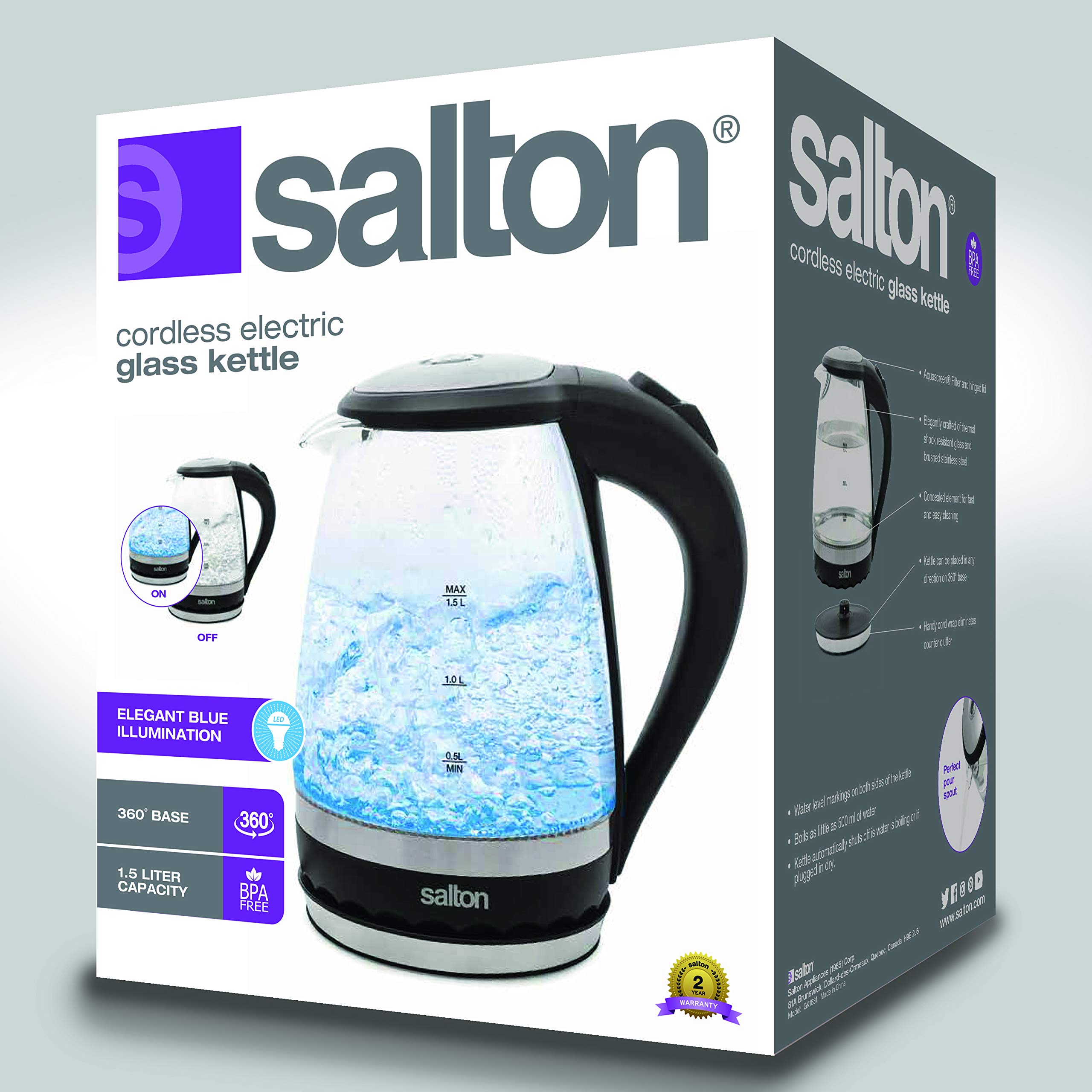 Salton Cordless Electric Compact Glass Kettle, Water Boiler and Tea Heater, Soft Blue Illumination, 1.5 Liter/Quart with Automatic Shut-Off and Boil-Dry Protection, 1100 Watts (GK1831)