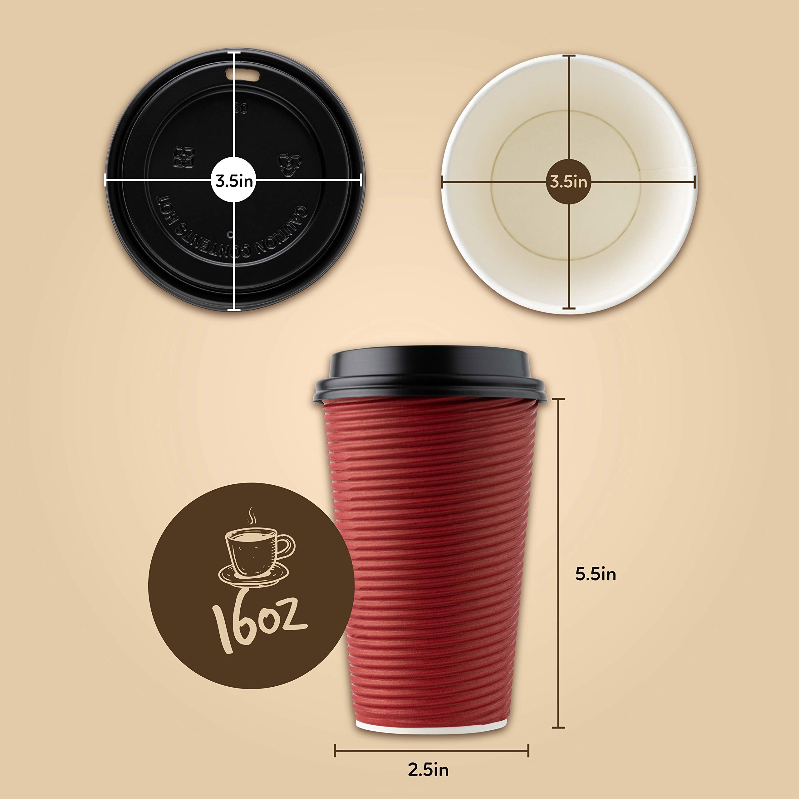PLASTICPRO [50 Sets - 16 oz.] Insulated Rippled Double Wall Paper Hot Coffee Cups With Lids, Burgundy