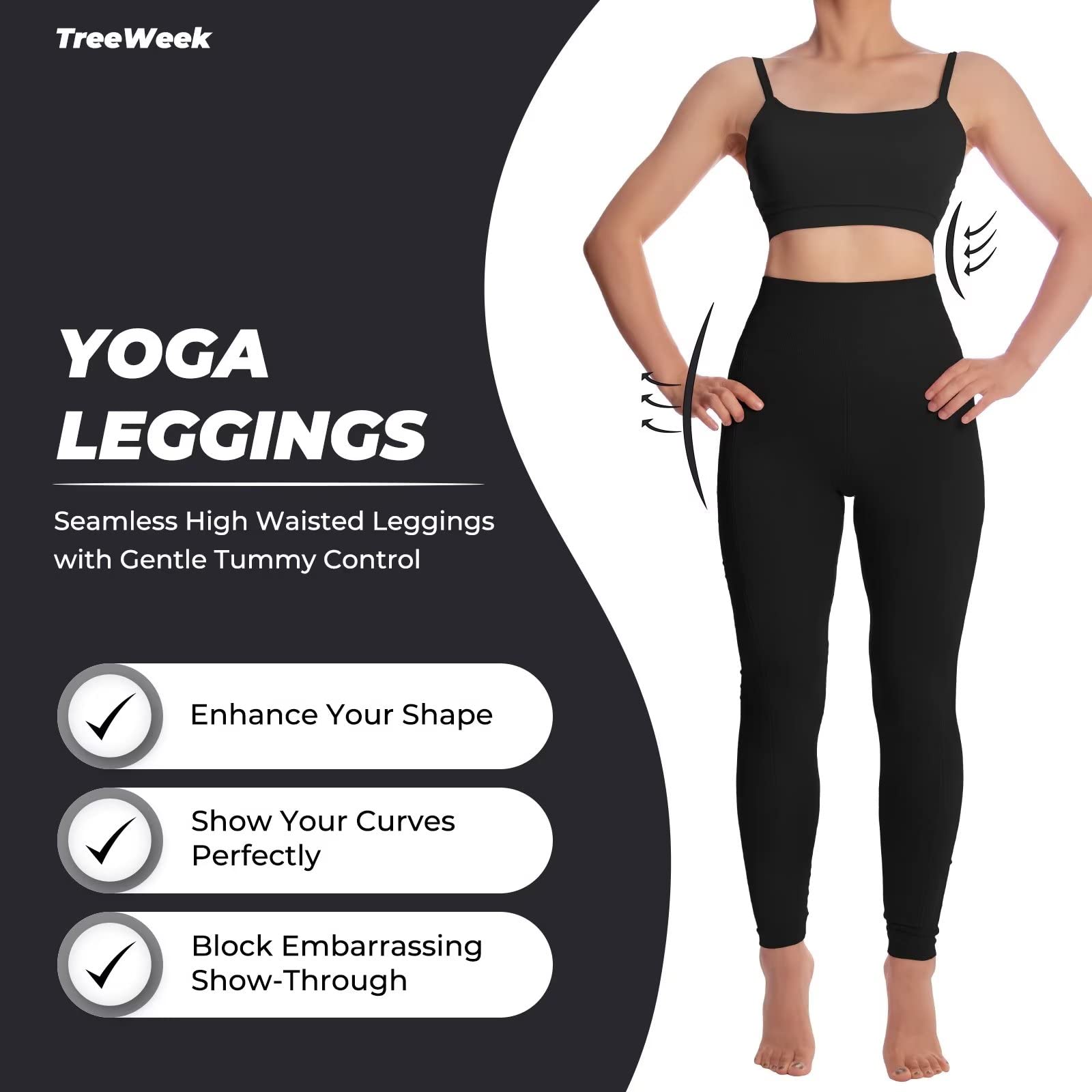 TreeWeek Women's Seamless Yoga Leggings High Waist Running Workout Rib Elastane Pants(L,Black)